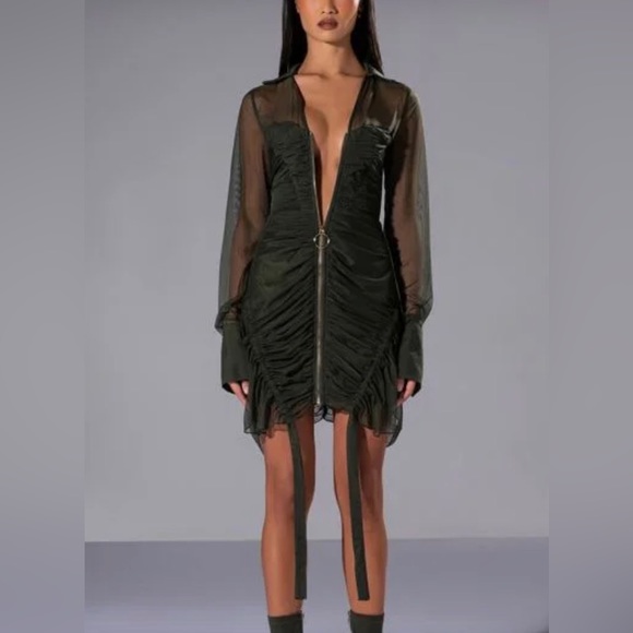 Dresses | Ruched Zip Up Mesh Mini Dress In Olive | Poshmark